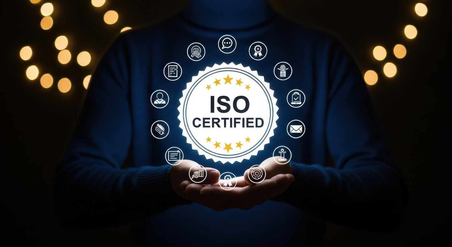 Hands Holding ISO Certified Badge with Supporting Icons | Newmar ...