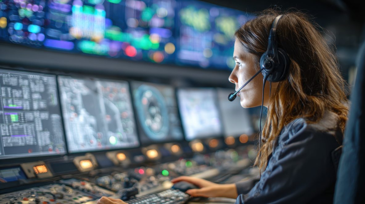 Woman working in System Control Center providing instructions using headsets for air traffic ...